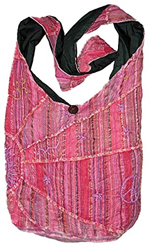 Pink Embroidered Peace and Sunrise Sling Crossbody Purse Boho Handbag Large