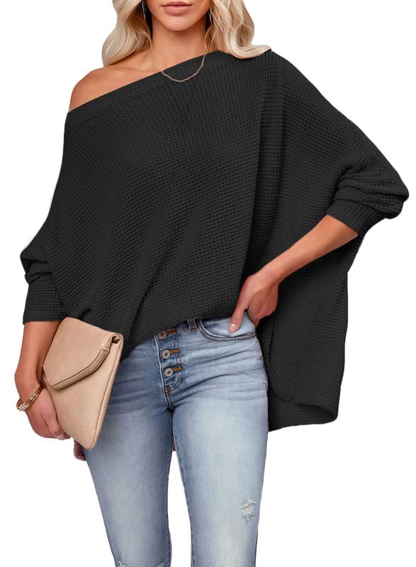 Dokotoo Women's Long Sleeve Waffle Knit Tops Boat Neck Casual Loose Fit Shirts Tunic Off The Shoulder Blouses for Women Fashion 2024 Black Small