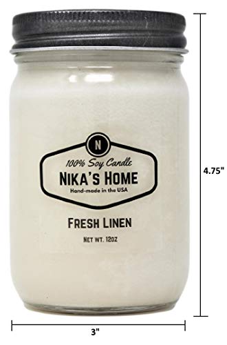 Nika's Home Fresh Linen Soy Candle 12oz Mason Jar Non-Toxic Natural White Soy Handmade, Long Burning 50-60 Hours Highly Scented All Natural, Clean Burning Candle Gift Décor