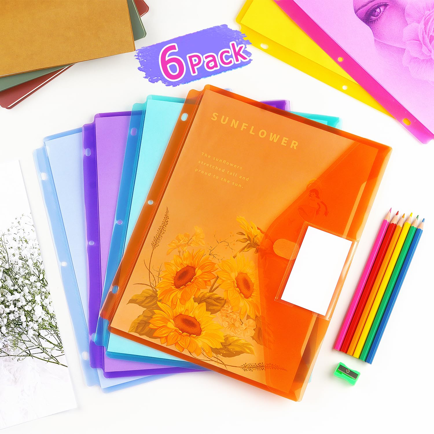 Tamaki 6 Pack 3 Ring Binder Pocket Clear Pouch, Letter Size, Snap Button Binder Folders Organizer with Label for School Supplies