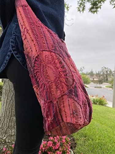 Pink Embroidered Peace and Sunrise Sling Crossbody Purse Boho Handbag Large