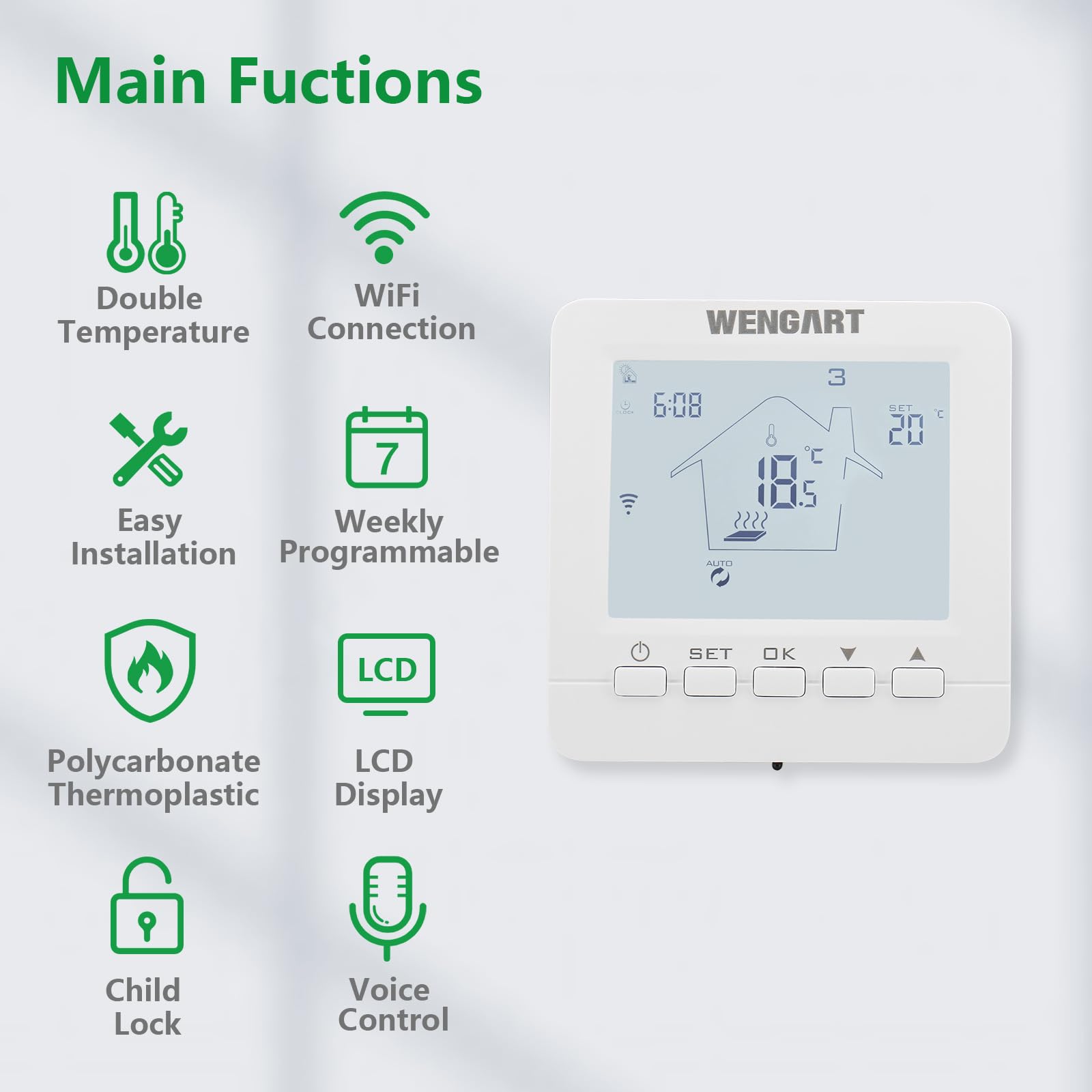 Wengart WiFi Smart Thermostat WG02B05,Heat Only 2.4GHz Wi-Fi APP TUYA for Radiant Floor Heating,Compatible with Alexa Echo/Google Home,AC90-240V Max3A White Backlight