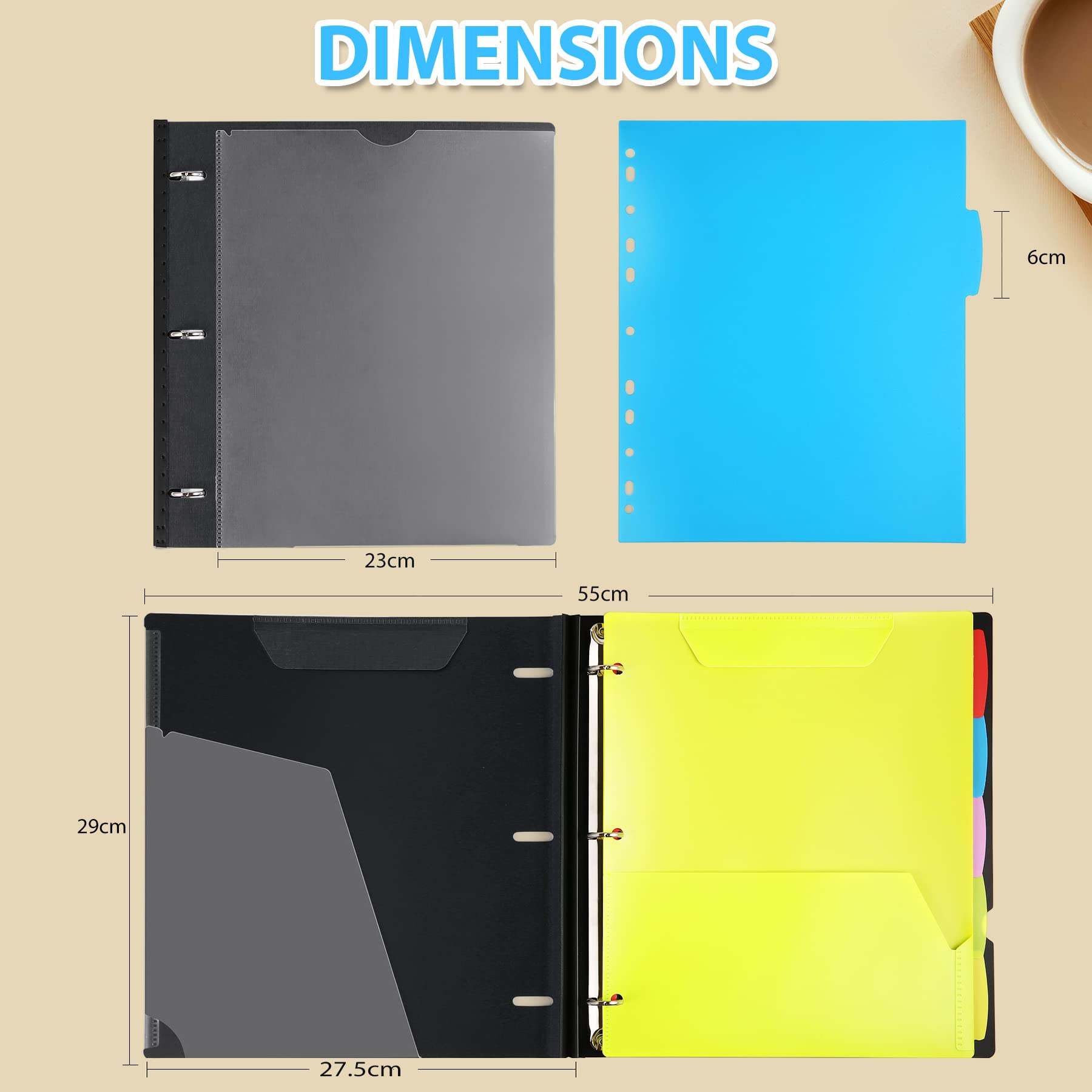 WOT I All-in-one Telescoping Binder Notebook, Refillable 3 Ring Binder with Customized Front Cover+Catalog Back Pocket+5 Subject Dividers+Movable Pocket Folder+60 Sheets Notepaper, Black