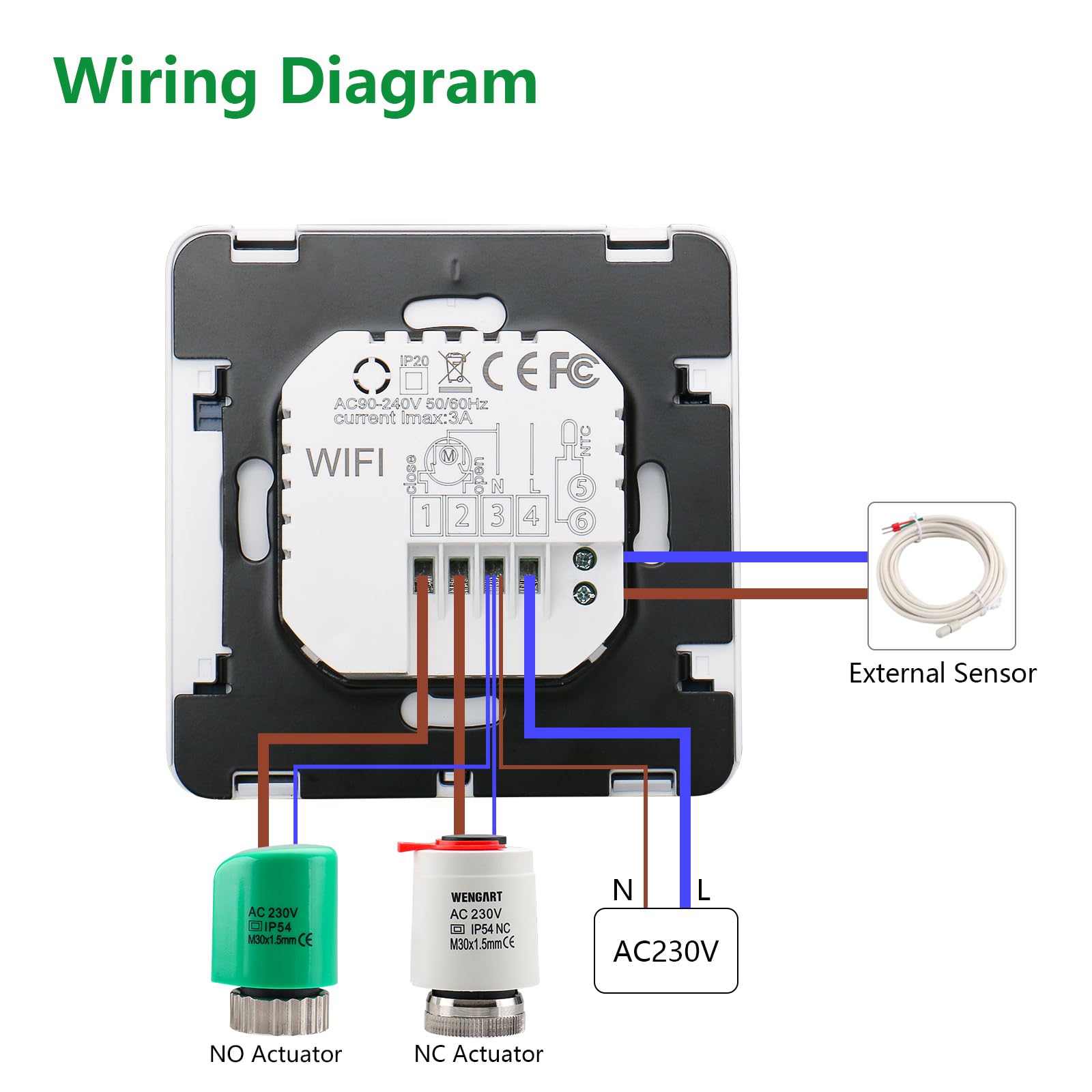 Wengart WiFi Smart Thermostat WG02B05,Heat Only 2.4GHz Wi-Fi APP TUYA for Radiant Floor Heating,Compatible with Alexa Echo/Google Home,AC90-240V Max3A White Backlight