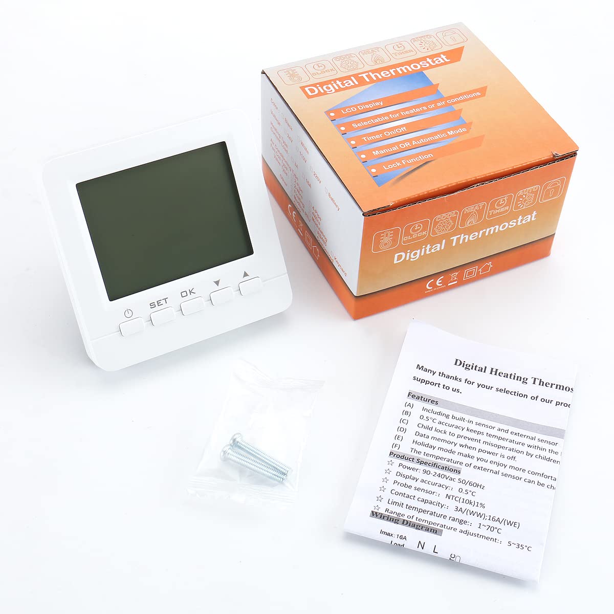 Wengart WiFi Smart Thermostat WG02B05,Heat Only 2.4GHz Wi-Fi APP TUYA for Radiant Floor Heating,Compatible with Alexa Echo/Google Home,AC90-240V Max3A White Backlight
