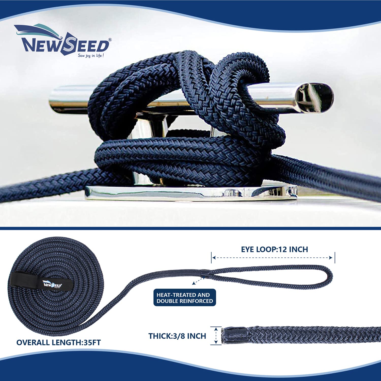 MALZE-NEWSEED Dock Lines 2 Pack 3/8" x 35' Double Braided Nylon Boat Rope with 12" Eyelets, Marine Grade Premium Mooring Lines for Docking, Navy Blue
