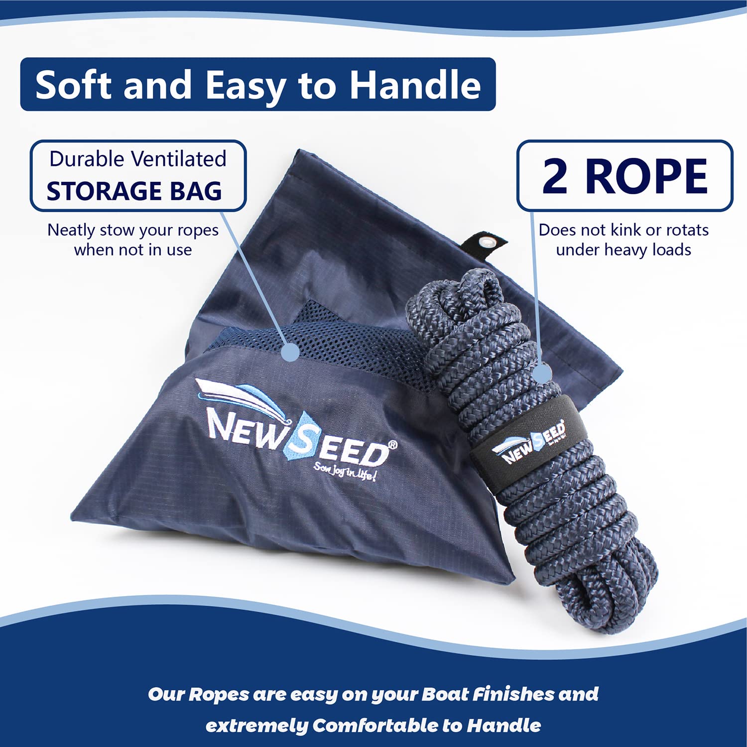 MALZE-NEWSEED Dock Lines 2 Pack 3/8" x 35' Double Braided Nylon Boat Rope with 12" Eyelets, Marine Grade Premium Mooring Lines for Docking, Navy Blue