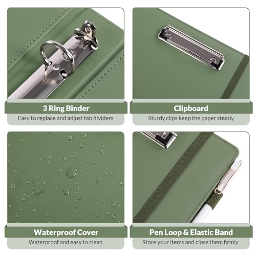SKYDUE 3 Ring Binder with Clipboard, 1 Inch Binder, 13.2" × 10.2" PU Clipboard Binder with Notepad & 5 Dividers with 10 Pockets, Labels, Clipboard Folder Great for School Office (Fit A4/Letter Size)