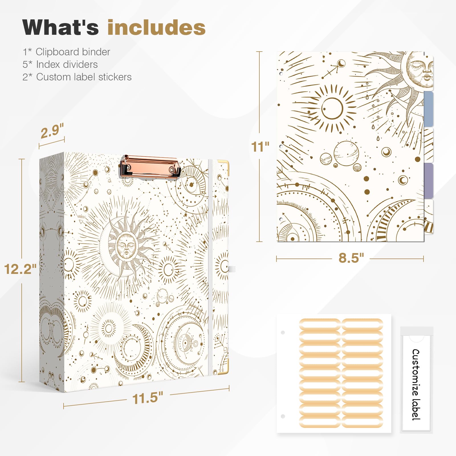 Ospelelf 3 Ring Binder 2 Inch, Cute Binder for Letter Size (11" x 8.5") with 5 Tab Dividers, File Folder Labels and Low Profile Clipboards, Tarot Cards Binder for School Supplies and Office Supplies