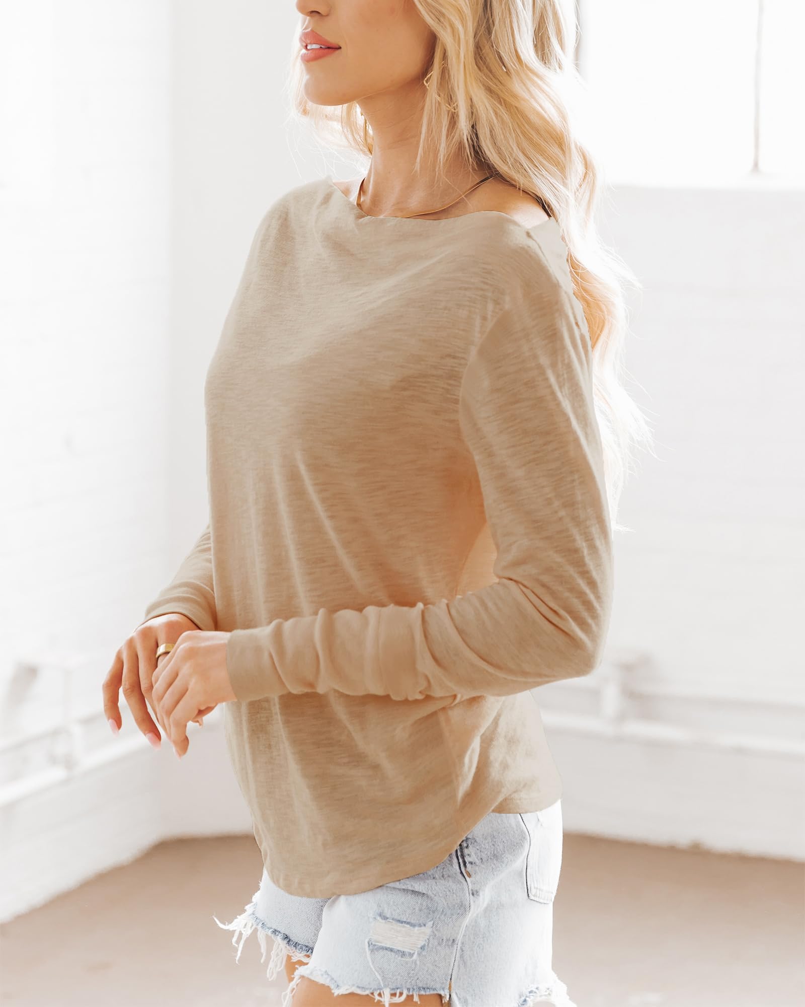 Womens Casual Long Sleeve Shirts Boat Neck Plain Tops Pullover Off The Shoulder Tee Shirt Blouse Apricot