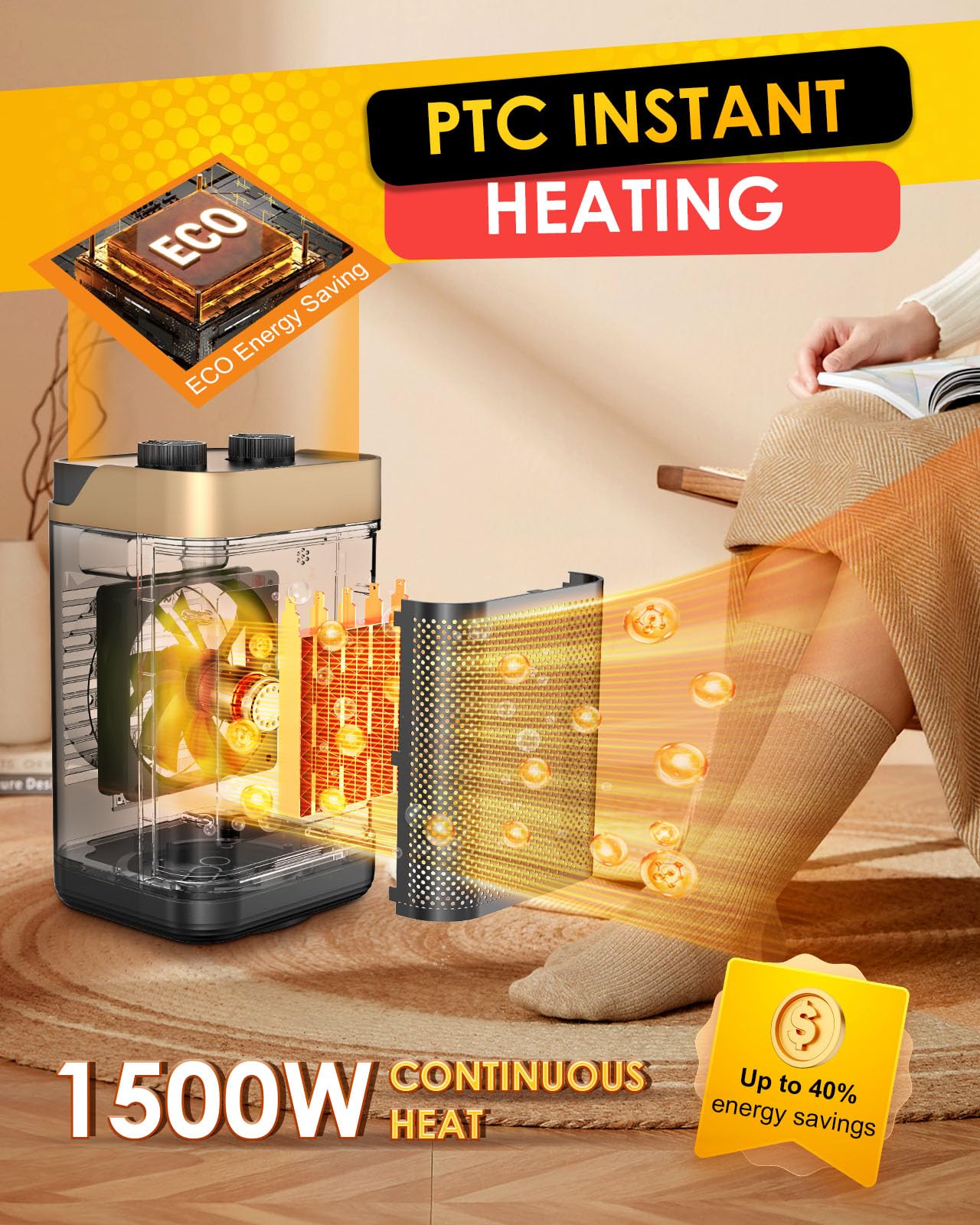 Space Heater, 1500W Ceramic Electric Space Heater Overheating & 45° Tip-Over Protection, 3 Mode PTC Fast Safety Heating, Portable Small Space Heater Fan for Office Bedroom Desk Indoor Use