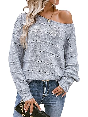 Milumia Women's Off The Shoulder Sweater Long Sleeve Oversized Knit Boat Neck Jumper Tops A Light Grey Medium