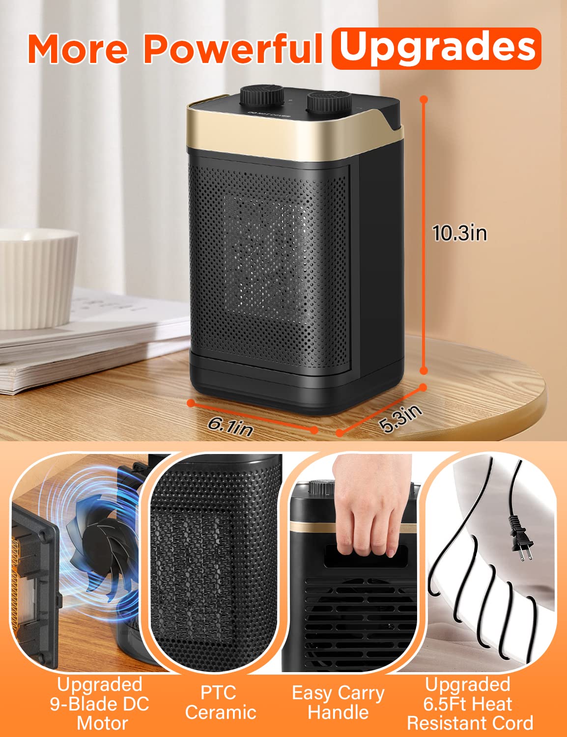Space Heater, 1500W Ceramic Electric Space Heater Overheating & 45° Tip-Over Protection, 3 Mode PTC Fast Safety Heating, Portable Small Space Heater Fan for Office Bedroom Desk Indoor Use