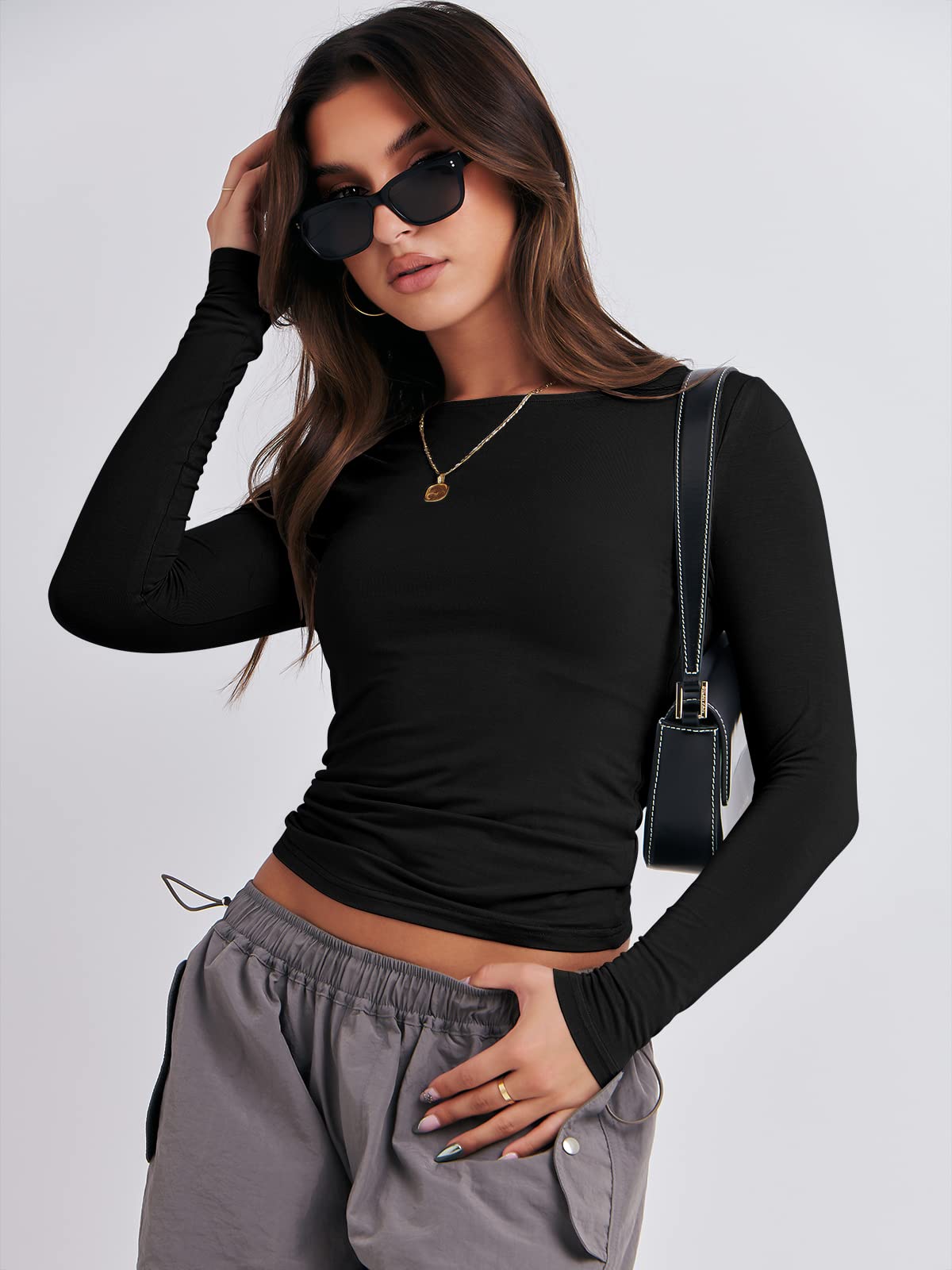ANRABESS Women’s Long Sleeve Shirts Tight Fitted Going Out Crop Tops Crewneck Basic Tee Y2k Outfits Teens Girls Clothes Black L