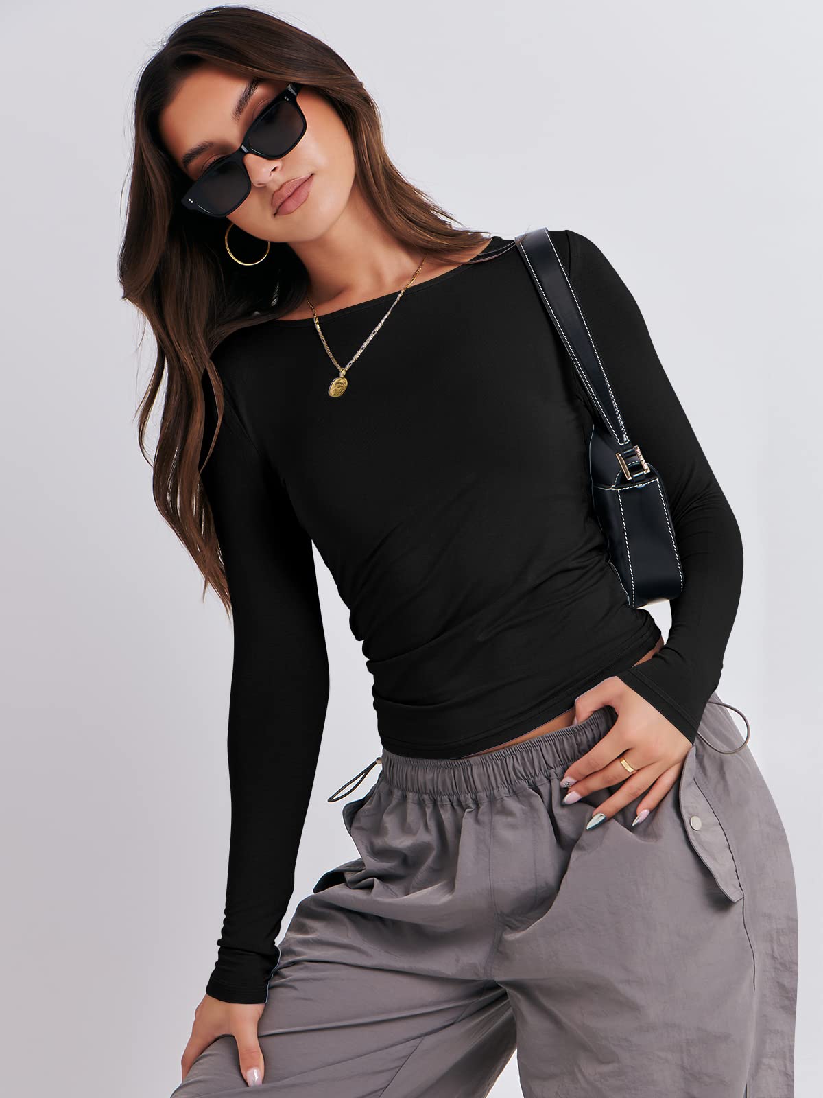 ANRABESS Women’s Long Sleeve Shirts Tight Fitted Going Out Crop Tops Crewneck Basic Tee Y2k Outfits Teens Girls Clothes Black L