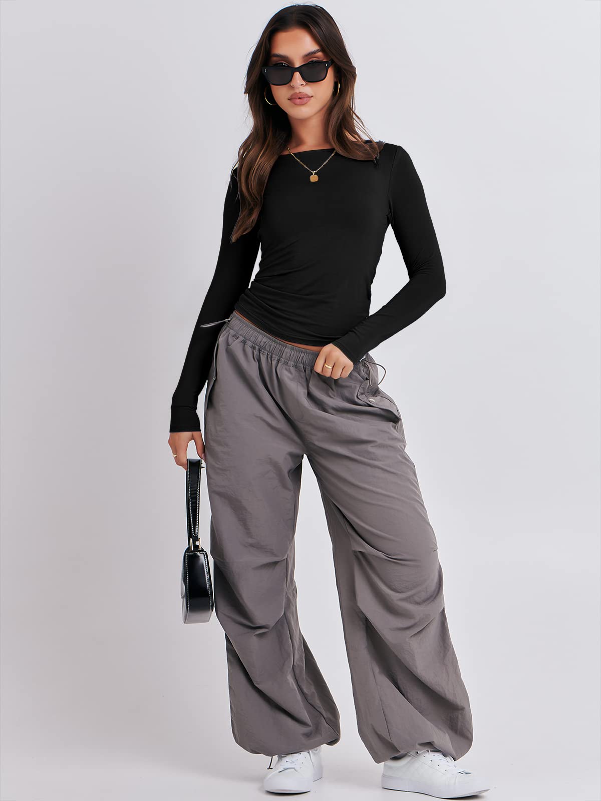ANRABESS Women’s Long Sleeve Shirts Tight Fitted Going Out Crop Tops Crewneck Basic Tee Y2k Outfits Teens Girls Clothes Black L
