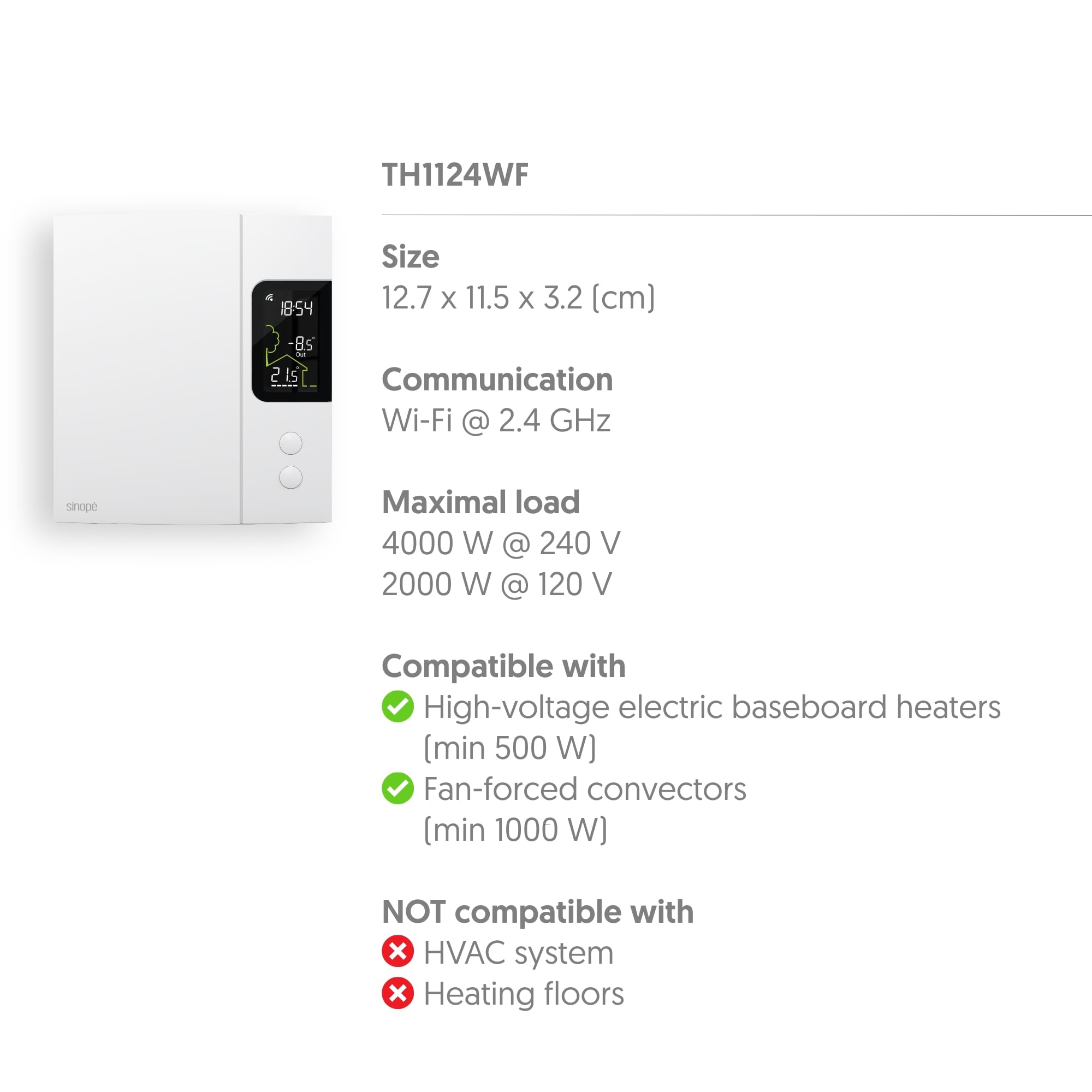 Sinopé Smart Wi-Fi Thermostat for Electric Baseboard Heating TH1124WF (Works with Amazon Alexa and Apple HomeKit) 4000 W / 240 V