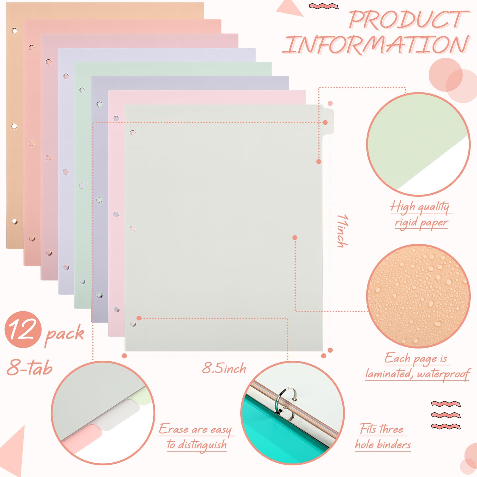 Honoson 12 Sets 8 Tab Binder Dividers for 3 Ring Binders 8.5 x 11 Inch Paper Multicolor Dividers with Plastic Film 3 Hole Punched Page Dividers Sturdy Binder Index Dividers for School (Dream Color)