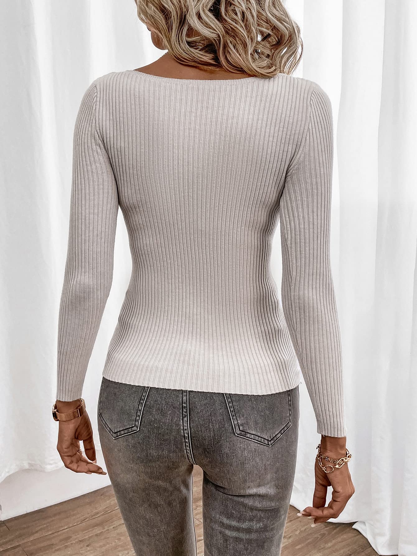 SweatyRocks Women's Basic Long Sleeve Boat Neck Top Ribbed Knit Slim Fit Pullover Sweater Apricot S