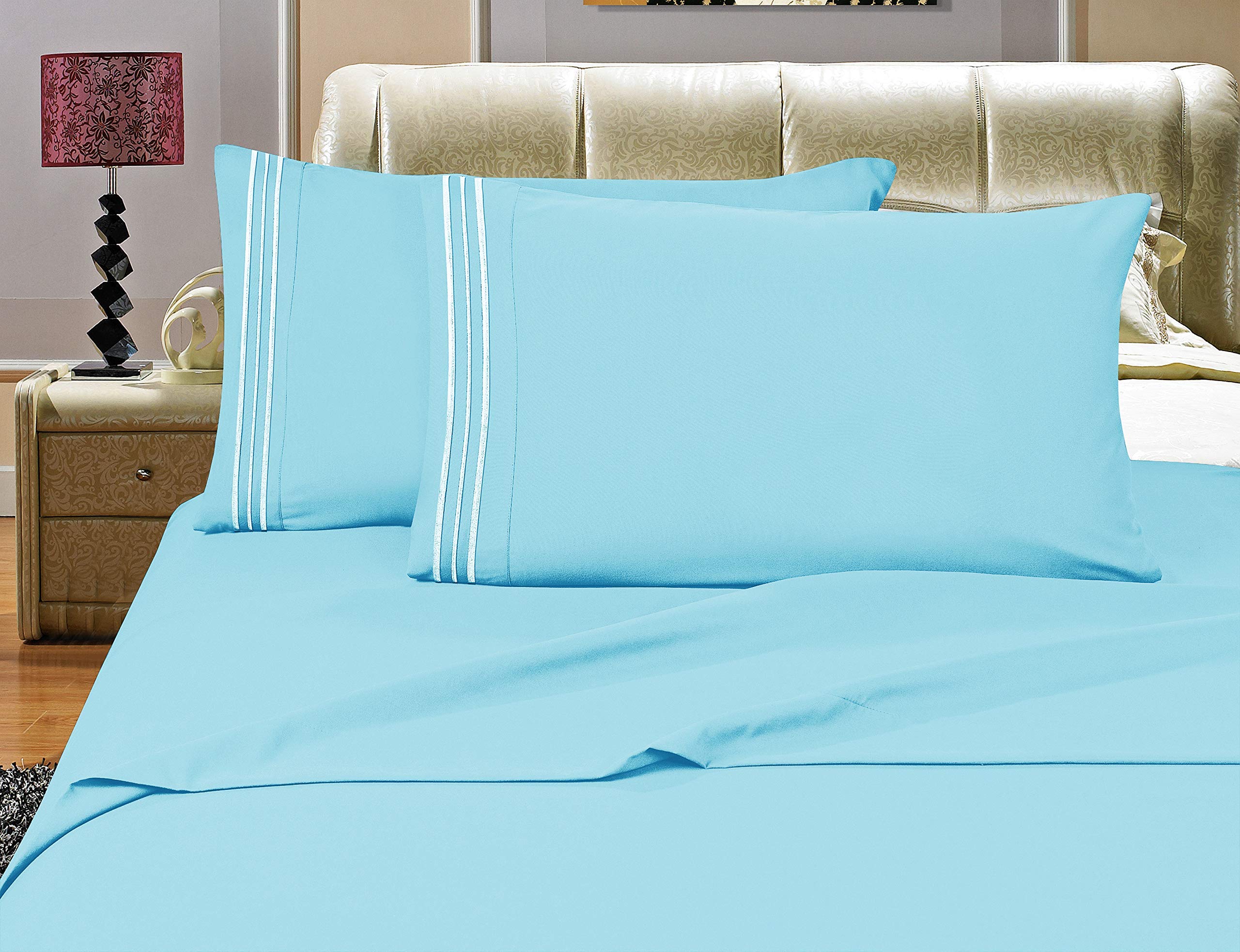 Elegant Comfort Luxurious Bed Sheets Set on Amazon 1500 Premier Wrinkle,Fade and Stain Resistant 4-Piece Bed Sheet Set, Deep Pocket, California King Aqua