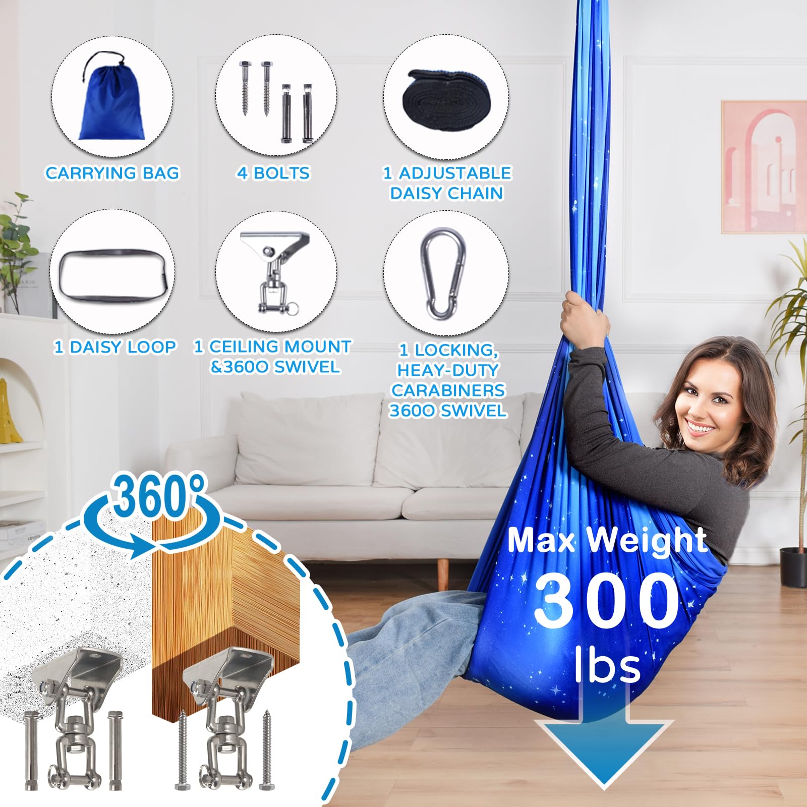 Sensory Swing for Kids Indoor & Outdoor Double Layer Therapy Cuddle Swing Hammock Chair with 360° Swivel Hanger Kit Adjustable Swing for Child and Adult with Aspergers Autism ADHD (Star Blue)