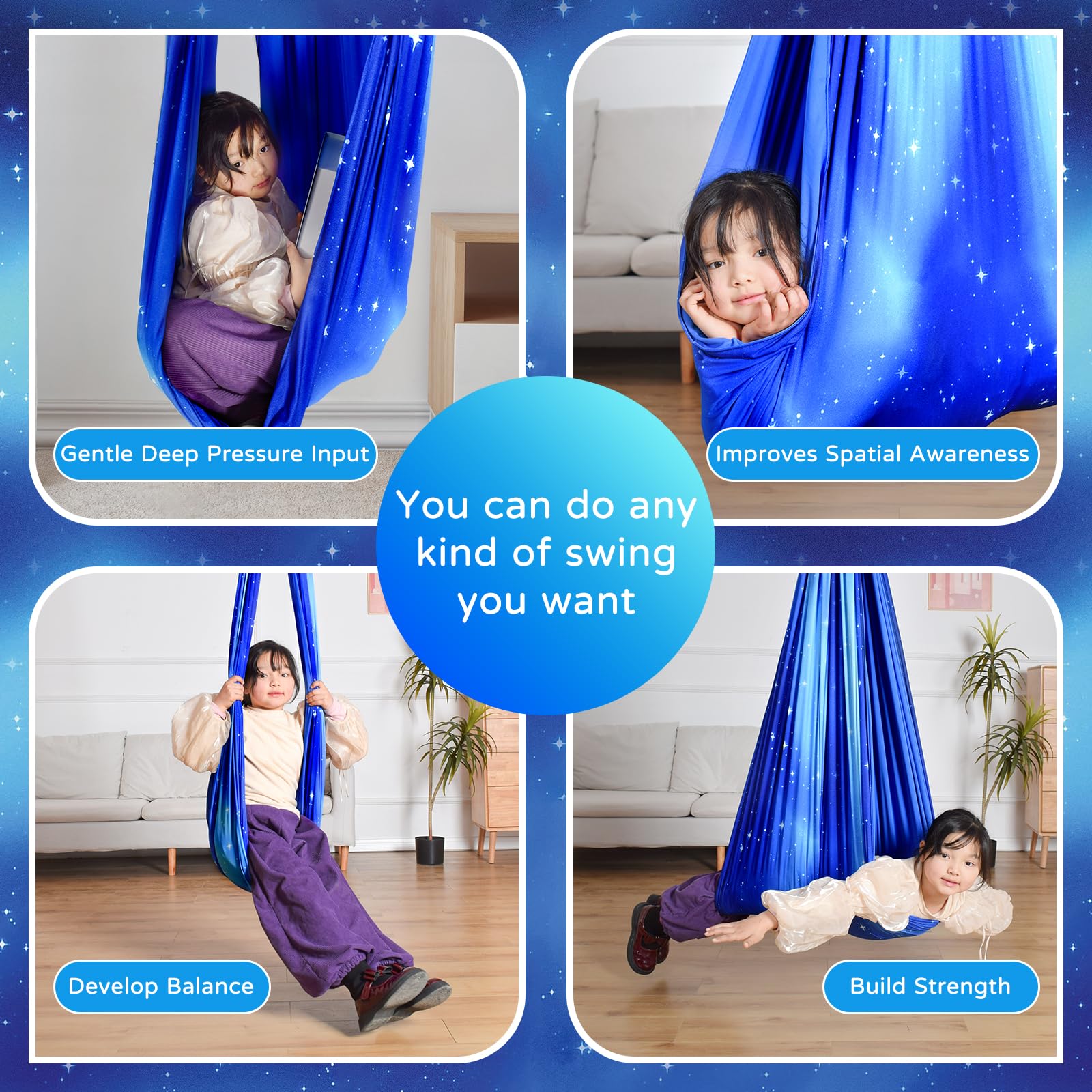 Sensory Swing for Kids Indoor & Outdoor Double Layer Therapy Cuddle Swing Hammock Chair with 360° Swivel Hanger Kit Adjustable Swing for Child and Adult with Aspergers Autism ADHD (Star Blue)