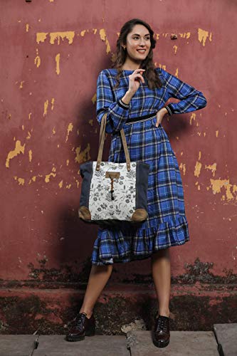 Myra Bag Abstract Key Upcycled Canvas & Cowhide Tote Bag S-1456