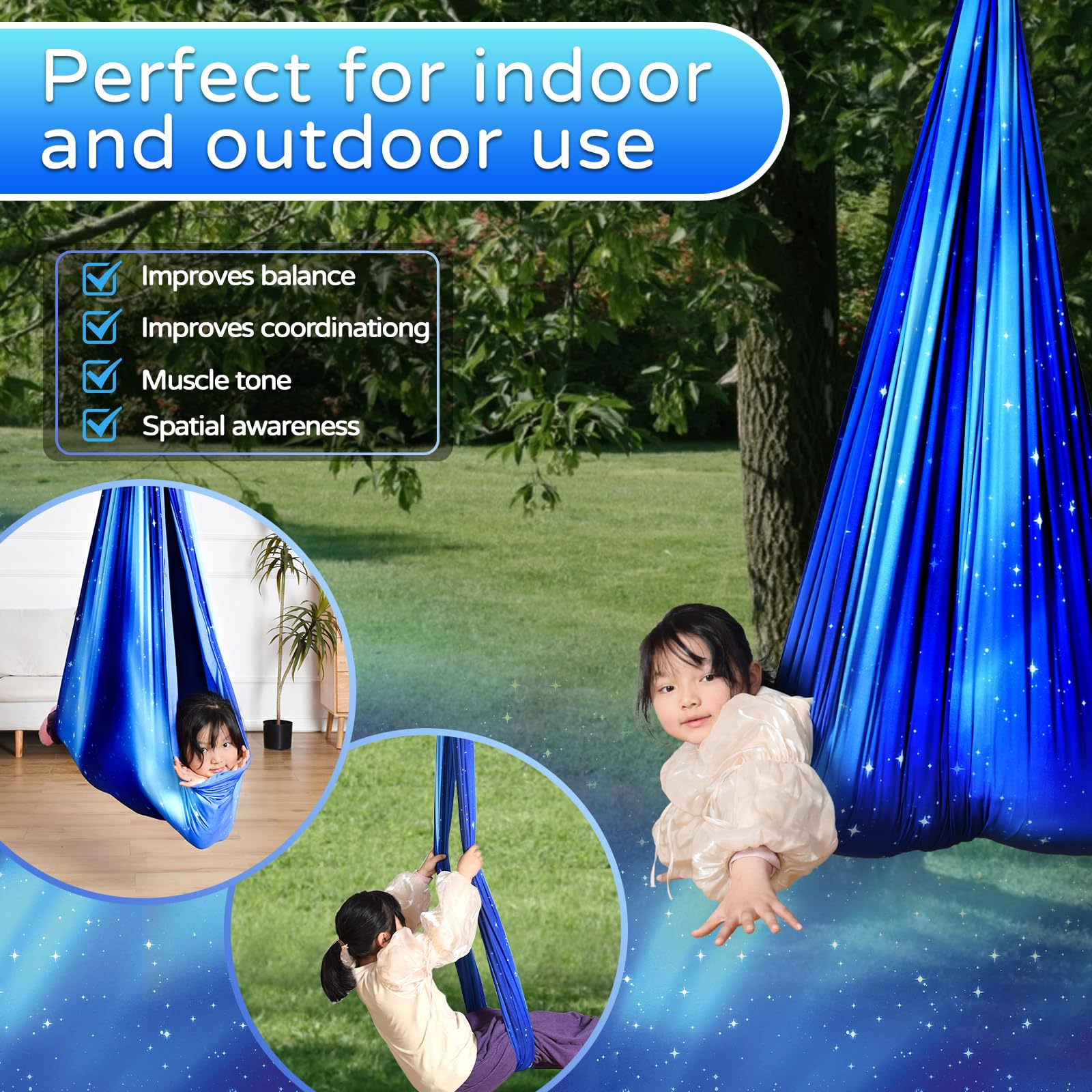 Sensory Swing for Kids Indoor & Outdoor Double Layer Therapy Cuddle Swing Hammock Chair with 360° Swivel Hanger Kit Adjustable Swing for Child and Adult with Aspergers Autism ADHD (Star Blue)