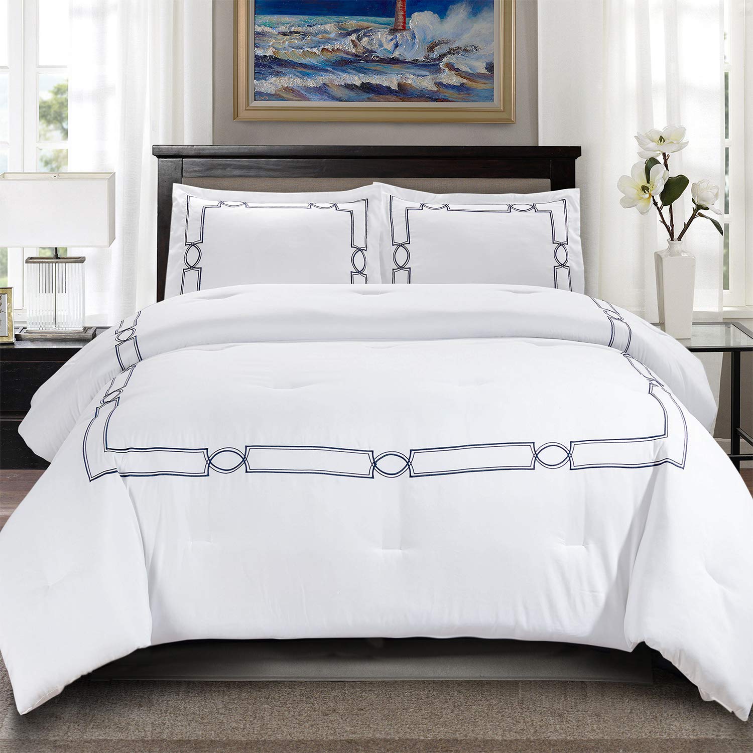 BLUENILEMILLS Kensington Embroidered Comforter Set with Pillow Shams, Luxury Hotel Bedding with Soft Microfiber Shell, All Season Down Alternative Fill - King/California King, Grey