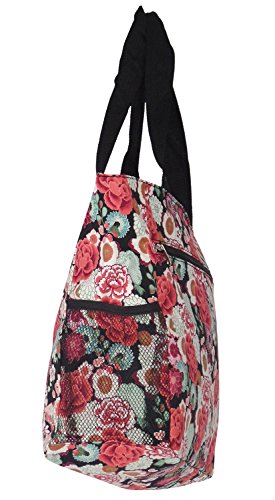 Large Multi - Pocket Fashion Zipper Top Beach Bag Tote - Custom Embroidery Available (Garden Floral)