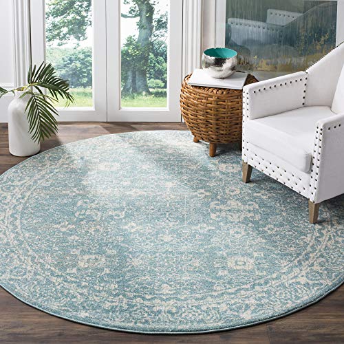 SAFAVIEH Evoke Collection 6'7" Round Silver / Ivory EVK270Z Shabby Chic Distressed Non-Shedding Dining Room Entryway Foyer Living Room Bedroom Area Rug