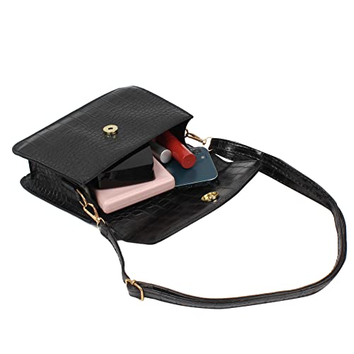 Goodbag Women Crocodile PU Leather Clutch Purse Detachable Shoulder Strap Tote Handbag, Black