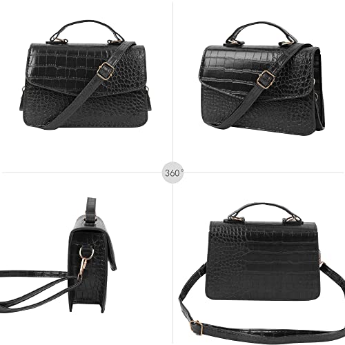Goodbag Women Crocodile PU Leather Clutch Purse Detachable Shoulder Strap Tote Handbag, Black