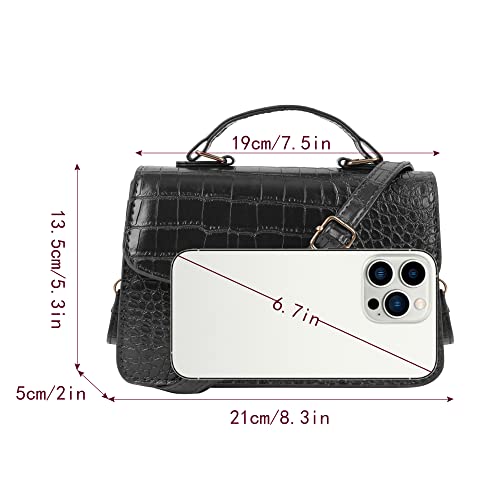 Goodbag Women Crocodile PU Leather Clutch Purse Detachable Shoulder Strap Tote Handbag, Black
