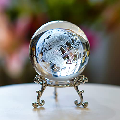 H&D HYALINE & DORA 2.3 inch (60mm) Clear Crystal Glass Ball Paperweight 3D Laser Engraved Earth Globe World Map Ball with Metal Stand Decor