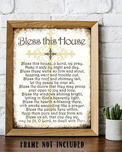 "Bless This House, O Lord, We Pray- Distressed Parchment Print- 8 x 10" Wall Art- Ready to Frame. Traditional Script Design-Home Décor- Kitchen Décor- Christian Gifts. Inspirational Prayer For All.
