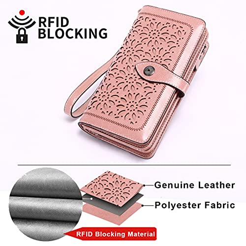 HUANLANG Women Wallets Large Ladies Leather Wallet with Coin Pocket RFID Wallet Organizer for Women with Wrist Strap (Pink)