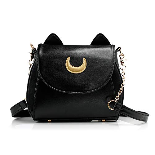Oct17 Moon Luna Design Purse Kitty Cat satchel shoulder bag Designer Women Handbag Tote PU Leather Girls Teens School Sailer Style (Black)