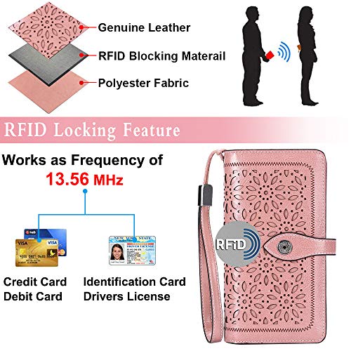 HUANLANG Women Wallets Large Ladies Leather Wallet with Coin Pocket RFID Wallet Organizer for Women with Wrist Strap (Pink)