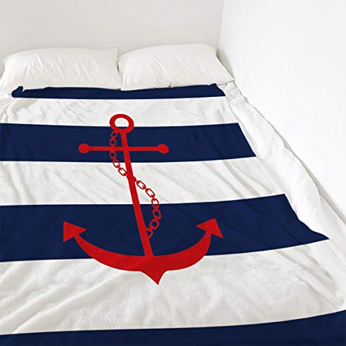 Flannel Fleece Bed Blanket Soft Throw-blankets Home Decor,Nautical Red Anchor Navy Blue and White Horizontal Stripes,Lightweight Cozy Plush Blankets for Bedroom Living Room Sofa Couch,49 x 59 Inch