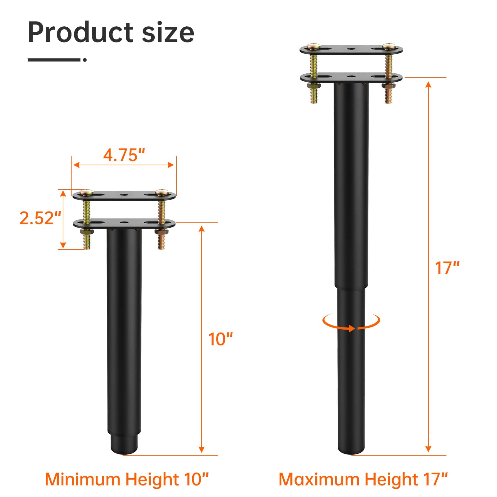 KOMOHOM (2PCS) 10~17 inch Adjustable Height Center Support Leg for Bed Frame, Steel Bed Frame or Wooden Bed Center Slat Support Leg, Adjustable Bed Frame Legs