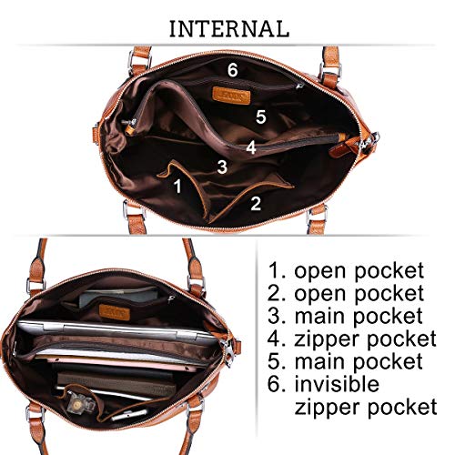 S-ZONE Women's Vintage Genuine Leather Tote Handbag Large Crossbody Bag Shoulder Purse with Zipper Pocket Outside (Medium-Brown)
