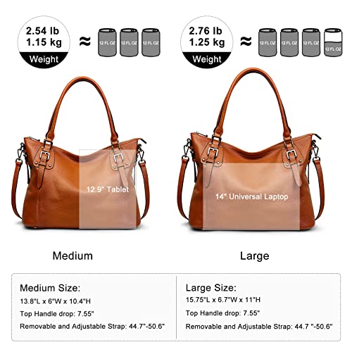 S-ZONE Women's Vintage Genuine Leather Tote Handbag Large Crossbody Bag Shoulder Purse with Zipper Pocket Outside (Medium-Brown)