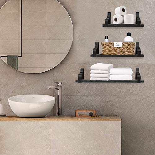 Flexzion Rustic Floating Book Shelves for Wall - Wall Mounted Set of 3 Floating Shelves for Bedroom, Bathroom, Kitchen, Living Room, and Plants - Floating Shelf, Dark Gray