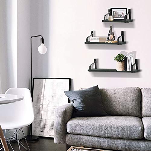 Flexzion Rustic Floating Book Shelves for Wall - Wall Mounted Set of 3 Floating Shelves for Bedroom, Bathroom, Kitchen, Living Room, and Plants - Floating Shelf, Dark Gray