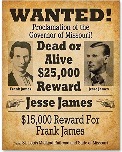 Jesse James Wanted Art Print- 11x14 Unframed Print - Makes a Great Man Cave Decor and Gift Under $15 for Westerns Fans