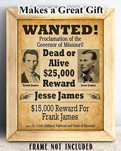 Jesse James Wanted Art Print- 11x14 Unframed Print - Makes a Great Man Cave Decor and Gift Under $15 for Westerns Fans