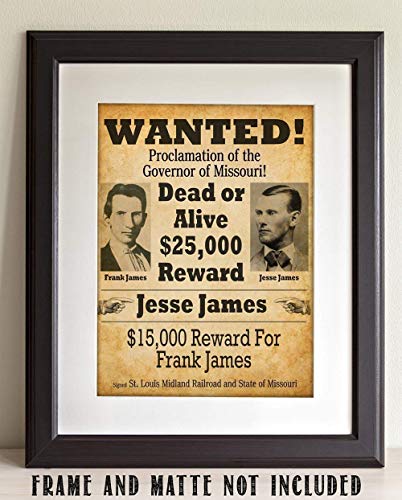Jesse James Wanted Art Print- 11x14 Unframed Print - Makes a Great Man Cave Decor and Gift Under $15 for Westerns Fans