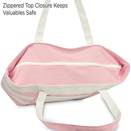 DALIX Flamingo Striped Canvas Tote Bag Premium Cotton in Pink