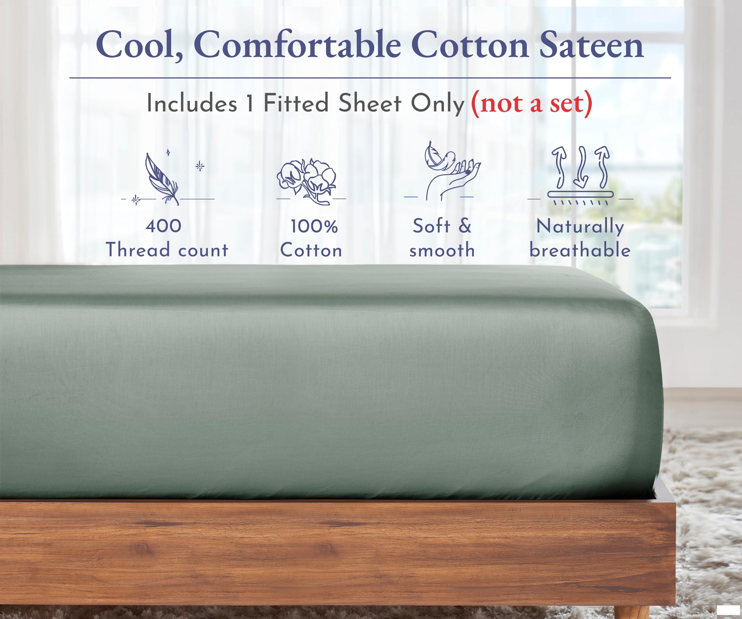 California Design Den Fitted Sheet for King Size Bed, Deep Pocket Soft 400 Thread Count 100% Cotton Sateen, No Pop-Off Elastic, Durable Hotel Quality Bedding, 1 Fitted Sheet Only (King, Sage Green)